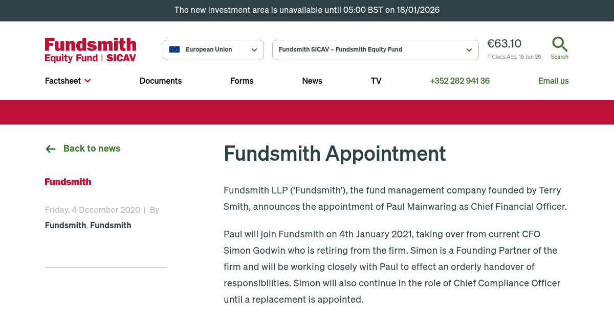 Fundsmith Appointment | Fundsmith