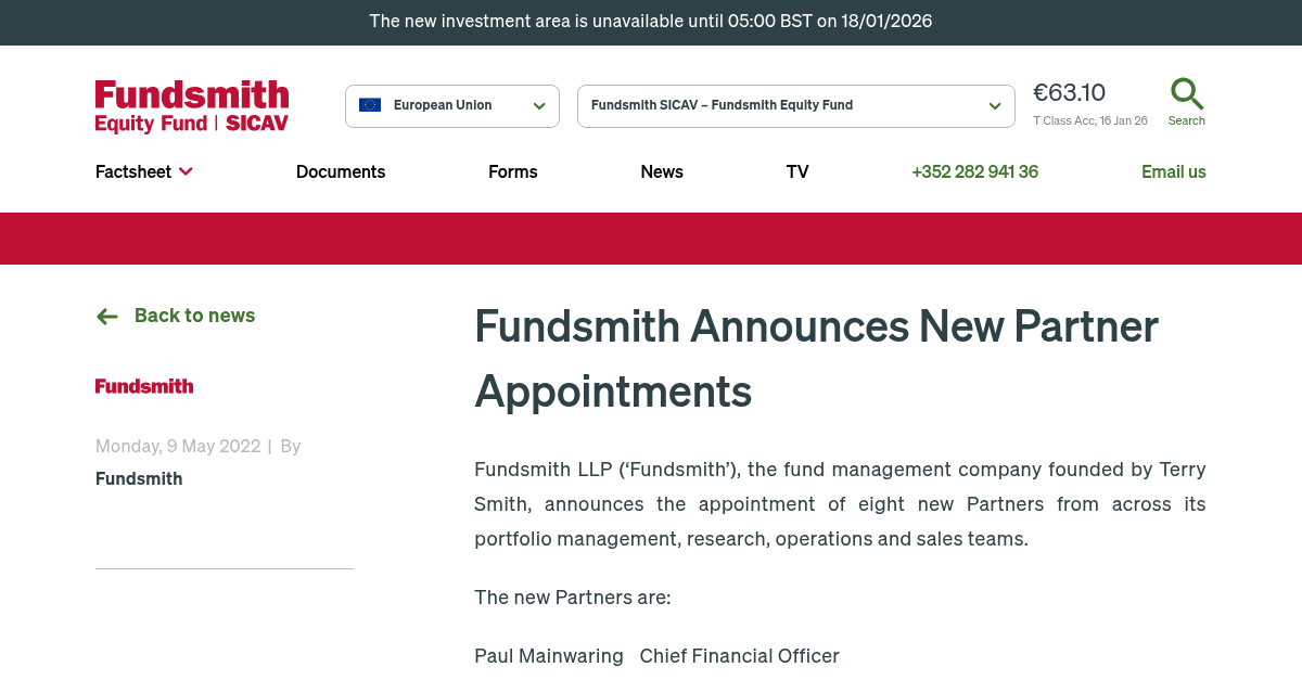 Fundsmith Announces New Partner Appointments | Fundsmith